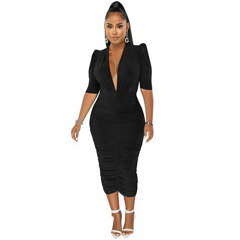 Zoctuo Womens Dress Sexy Solid Deep V Neck Pleated Medium Sleeve Long
