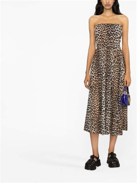 Ganni Leopard Print Cotton Midi Dress In Brown Modesens
