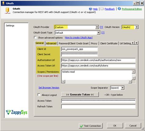 how to configure zendesk oauth application and connection for rest api