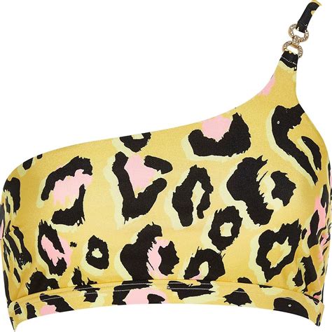 Yellow Leopard Print One Shoulder Bikini Top Bikinis One Shoulder