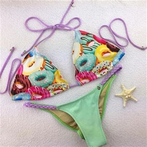 Sexy Women Print Push Up Padded Bra Bandage Bikini Set Swimsuit Thong