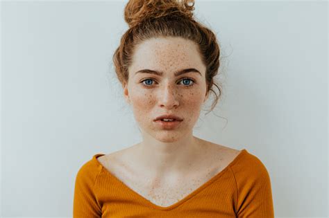 Woman Portrait Style Beautiful Blue Eyed Girl With Freckles Is Looking