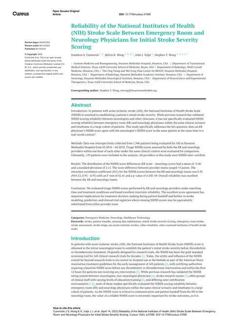 Pdf Reliability Of The National Institutes Of Health Nih Stroke