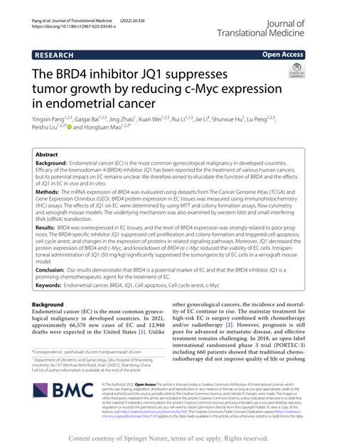 Pdf The Brd4 Inhibitor Jq1 Suppresses Tumor Growth By Reducing C Myc