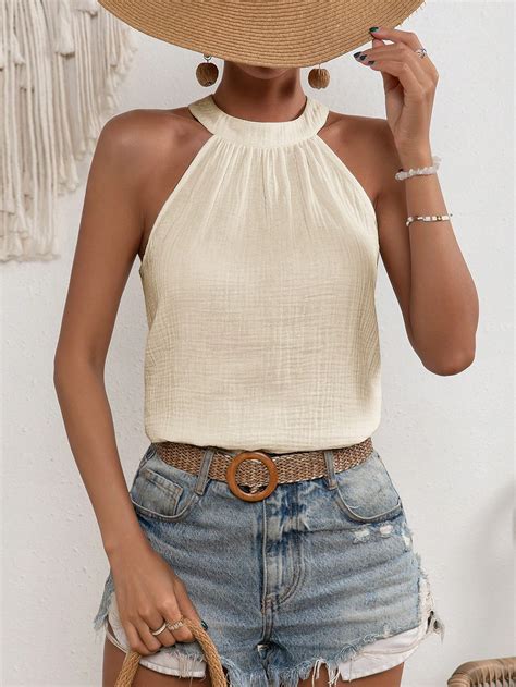 Shein Vcay Top Halter Unicolor De Espalda Con Abertura De Ojo Moda De