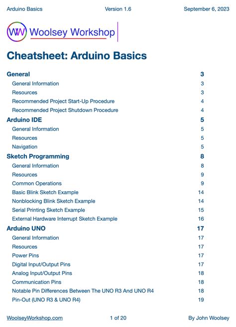 arduino basics cheatsheet woolsey workshop