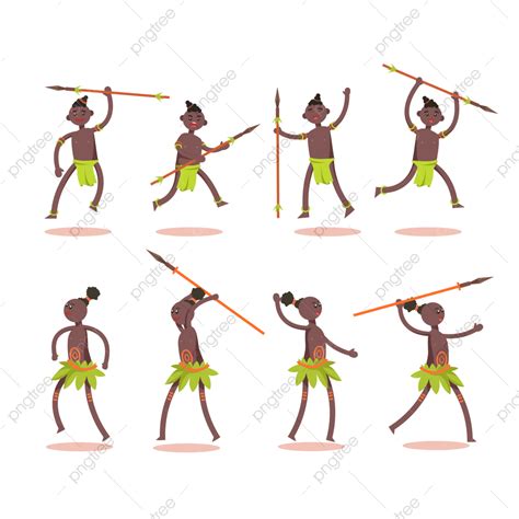 Conjunto De Caracteres Da Tribo Africana Com Uma Lança 8 Gestos Png