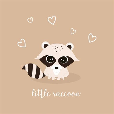 Tarjeta Con Lindo Mapache De Dibujos Animados Y Texto En Beige Fondo