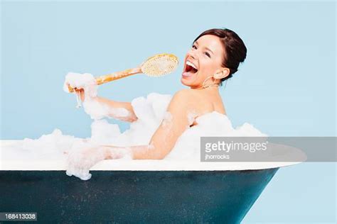 Attractive Brunette Young Woman Taking Bubble Bath Copy Space Photos