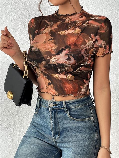 Shein Privé Top Con Estampado De Figura Ribete En Forma De Lechuga De