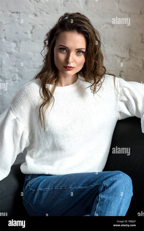 Portrait Of Beautiful Sensual Brunette Girl Looking At Camera Stock
