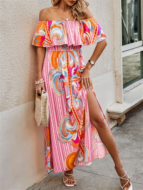 Shein Vcay Graphic Print Off Shoulder Split Thigh Dress Shein Uk