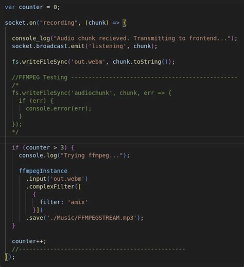 node js how to save audio chunks from client to ffmpeg readable file