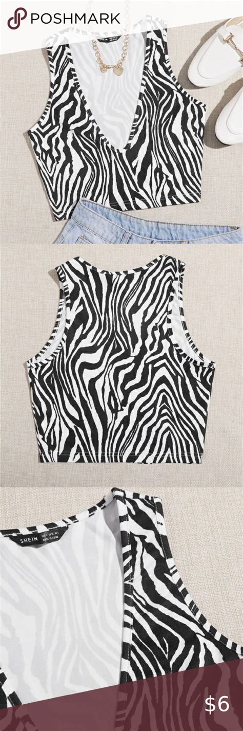 Shein Zebra Stripe Black And White Print Cropped Plunging V Neck Tank Top