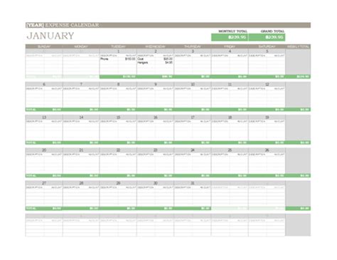 any year expense calendar