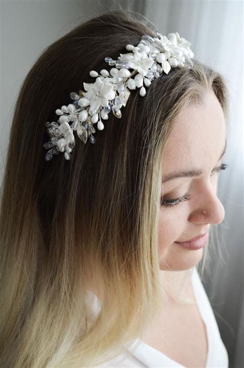 White Flower Hair Tiara Floral Pearls Wedding Headband Crystal Silver