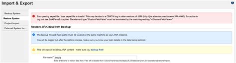 restoring an xml backup fails due to exception is org xml sax