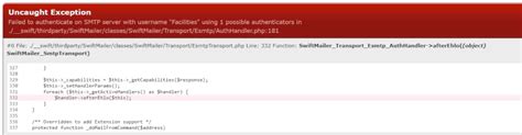 error uncaught exception failed to authenticate on smtp server with