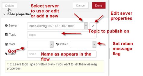 configuring the mqtt publish and subscribe nodes in node red