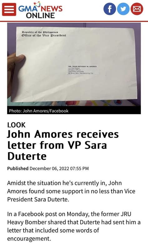 John Amores Receives Letter From Vp Sara Duterte R Philippines