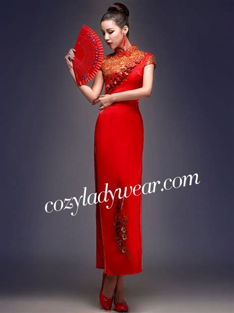 Red Split Ankle Length Qipao Cheongsam Wedding Dress With Applique