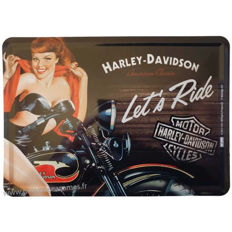 Plaque Métal Harley Davidson Pin Up Lets Ride Carte Postale Rétro