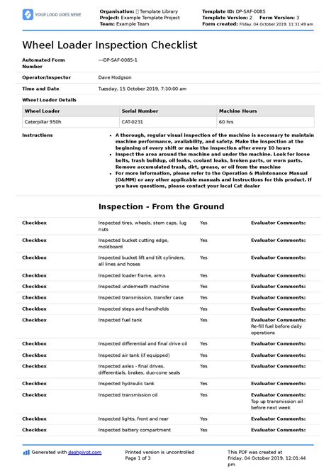 wheel loader inspection checklist free editable form template my xxx