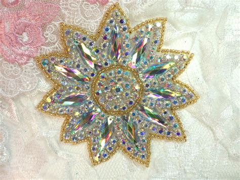 Crystal Ab Rhinestone Applique Gold Beads Floral Bridal Star Sash Motif
