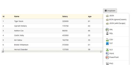 simple example to extract table data into json xml png csv txt sql ms