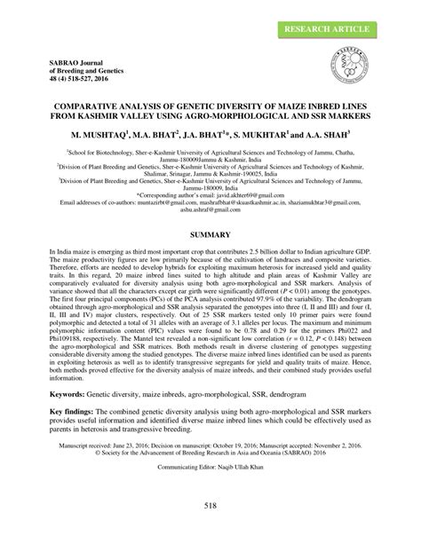 Pdf Comparative Analysis Of Genetic Diversity Of Maize Inbred Lines