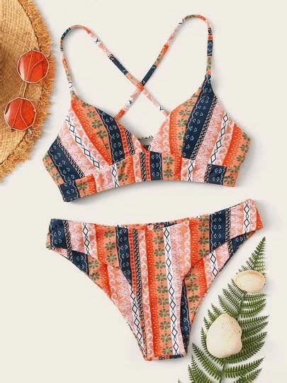 Geo Random Print Lace Up Back Bikini Set Bikinis Bikini Set Boho