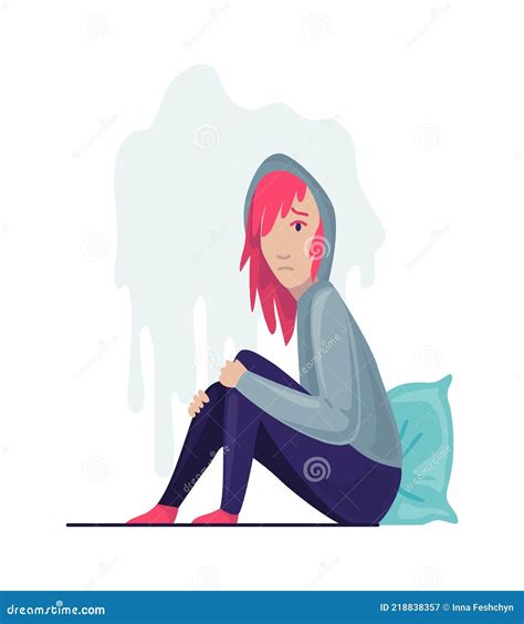 Depressed People Sad Girl Sitting On The Floor And Hugging Her Knees