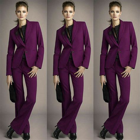 Purple Formal Womens Pant Suits Slim Fit Mothers Dress Ladies Office