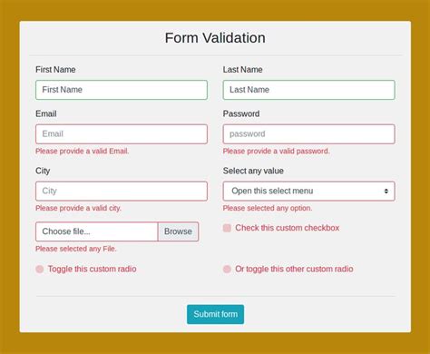 bootstrap 4 form validation with form all input example timeline