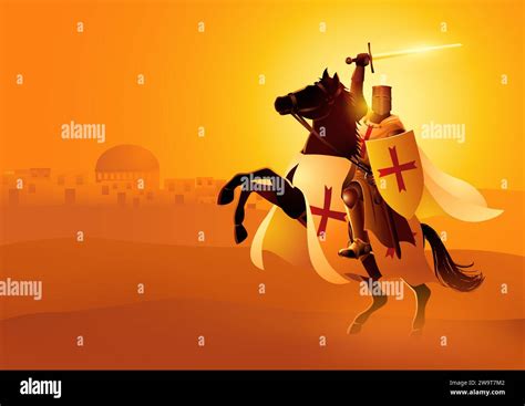 Vector Illustration Of Templar Knight Holding A Sword And Shield On A