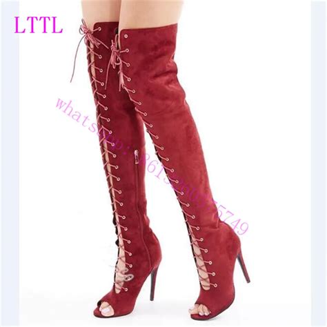 2017 Red Lace Up Thigh High Heels Boots Spring Peep Toe Stiletto Cross