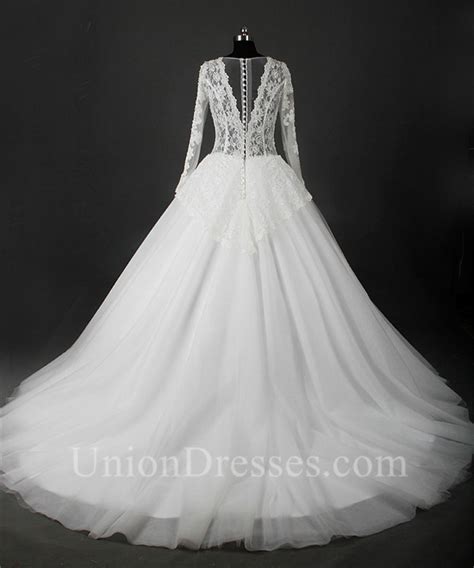 Ball Gown Illusion Neckline Long Sleeve Tulle Lace Peplum Wedding Dress