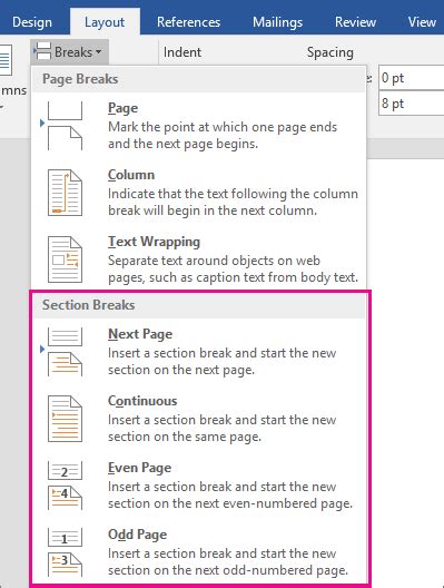 insert a section break word