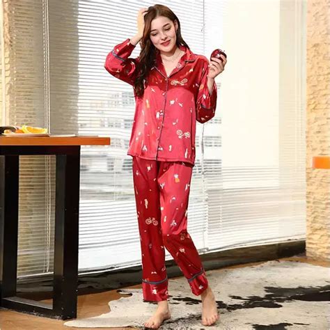 Women Red Long Sleeve Satin Pajama Sets Ladies Night Suit Winter Autumn