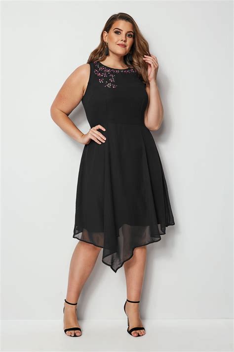 Black Embellished Fit And Flare Skater Dress Plus Size 16 To 36