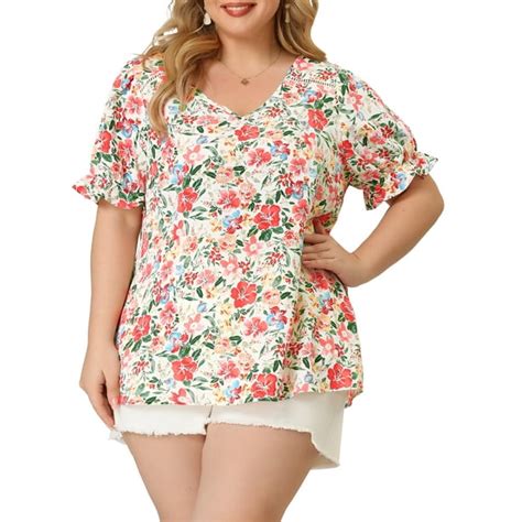 Agnes Orinda Womens Plus Size V Neck Ruffle Sleeve Floral Blouse