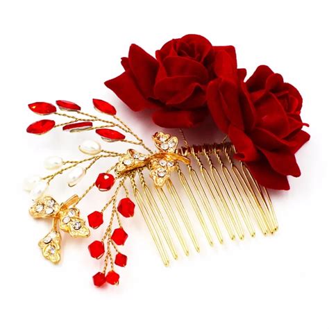 Yazilind Red Rose Flower Bridal Hair Comb Pins Handmade Wedding