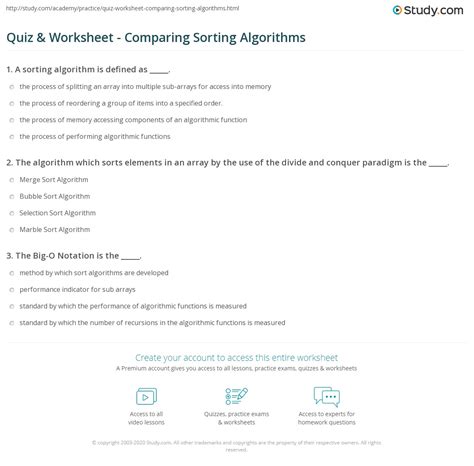 quiz and worksheet comparing sorting algorithms