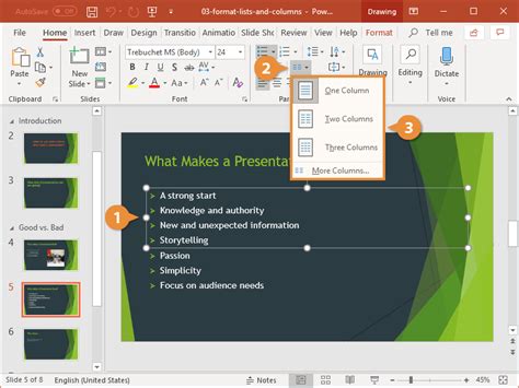 columns in powerpoint customguide