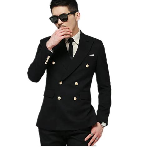 Double Breasted Groomsmen Peak Lapel Groom Tuxedos Black Men Suits