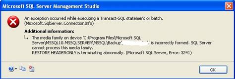 resolve sql server 3241 error when restoring microsoft sql bak file