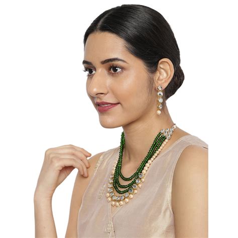 Buy Zaveri Pearls Kundan And Green Crystals Multi Layered Pearls Necklace