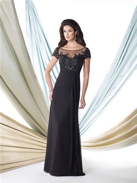 Sheath Illusion Neckline Black Chiffon Beaded Mother Of The Bride