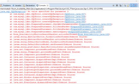 java checking room availability using jtable and jcalendar throws sql