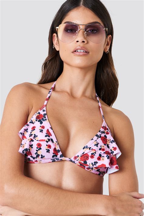 Na Kd Flounce Bikini Top Pink In Red Yellow Rose Print Modesens